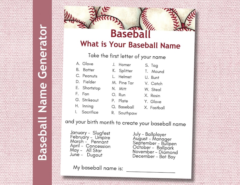 Baseball Name Generator, Printable Party Game (instant Download) - Etsy