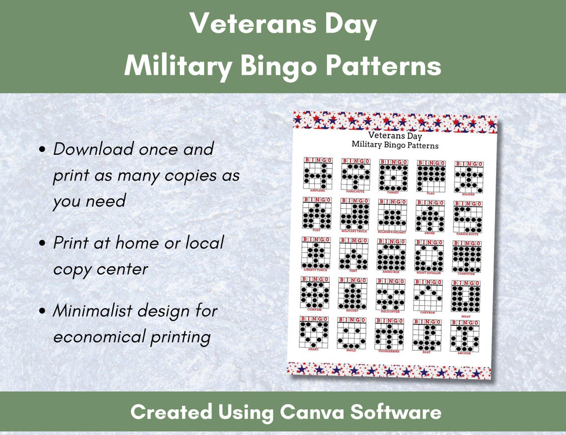 Veterans Day, Bingo Patterns, Veterans Day Bingo, Military Bingo ...