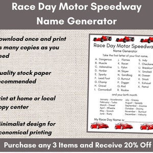 Race Day, Name Generator, Motor Speedway, Race Car Game, Race Car Party ...
