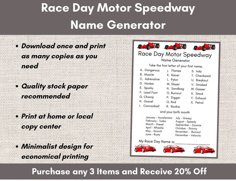 Race Day, Name Generator, Motor Speedway, Race Car Game, Race Car Party ...