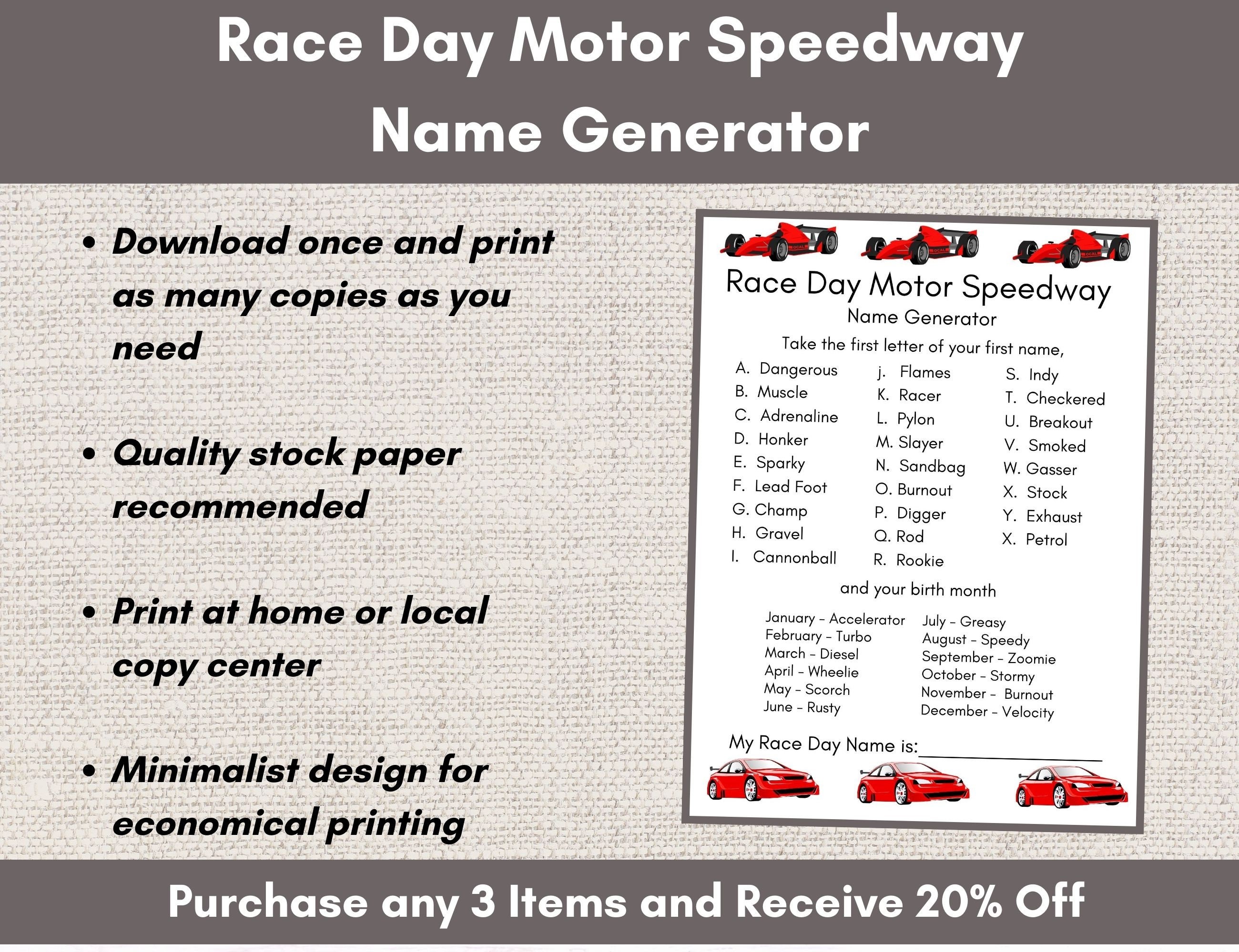 Race Day, Name Generator, Motor Speedway, Race Car Game, Race Car Party ...