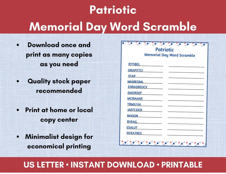 Patriotic, Memorial Day Word Scramble, Patriotic Celebration, Memorial ...