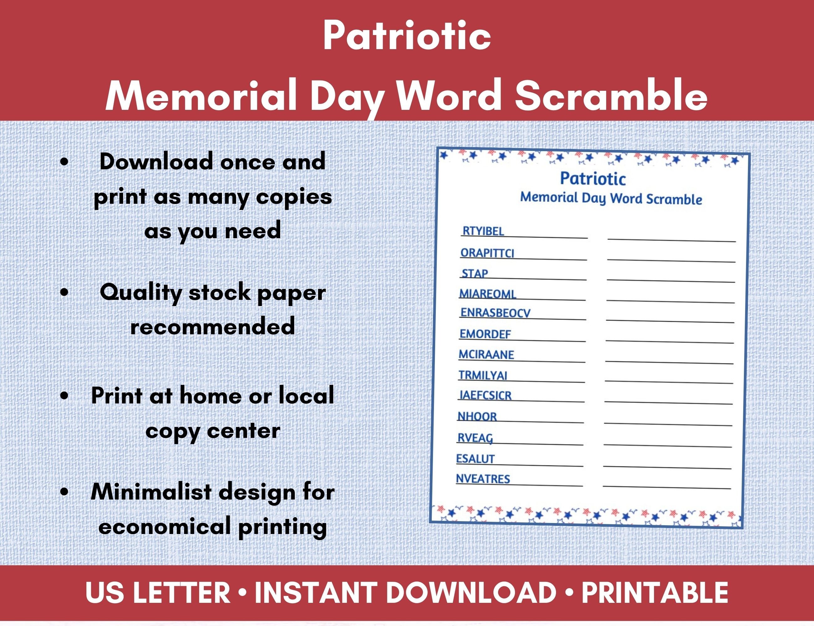 Patriotic, Memorial Day Word Scramble, Patriotic Celebration, Memorial ...