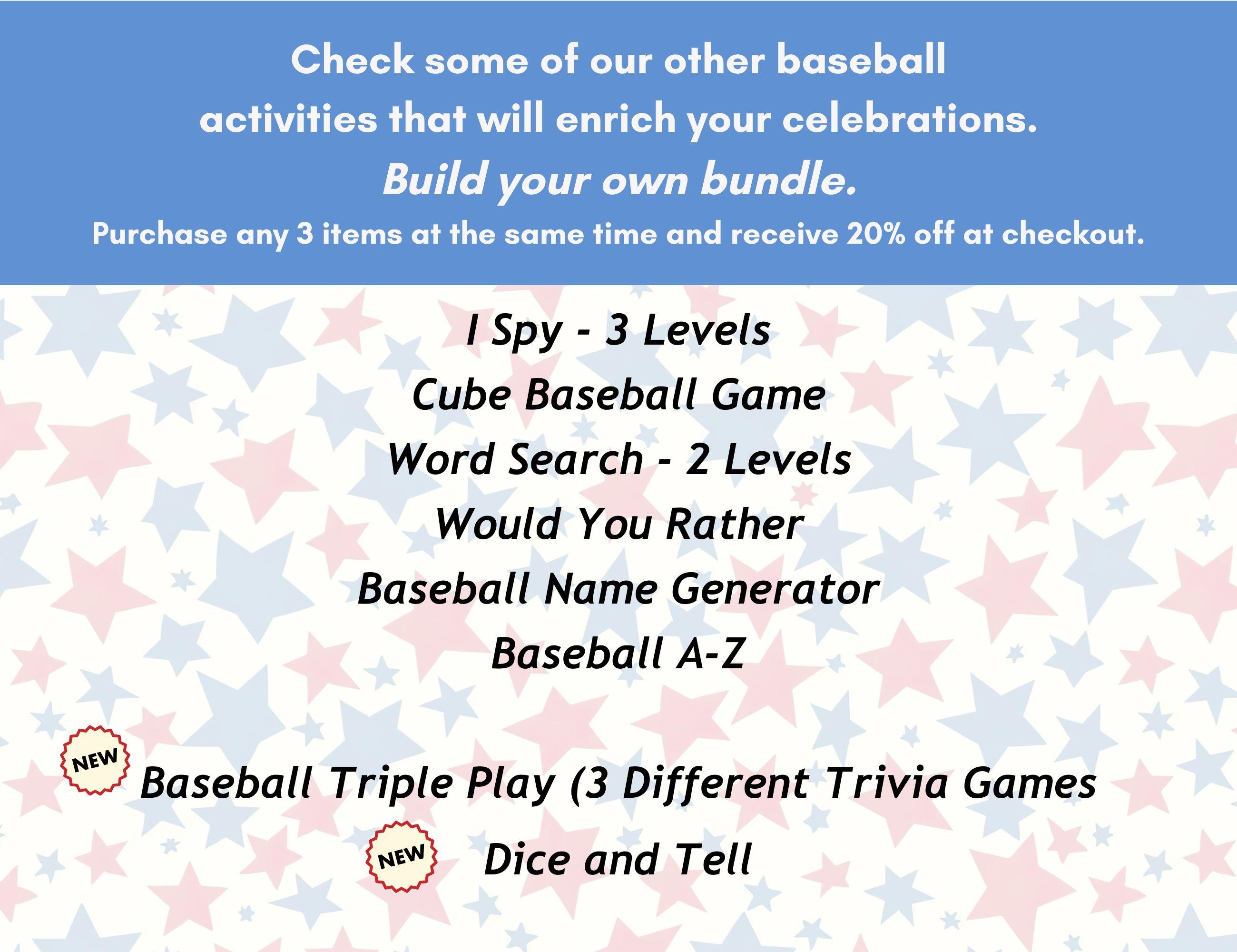 Baseball Party Printables, Bundle, I Spy, Word Search, Would You Rather ...
