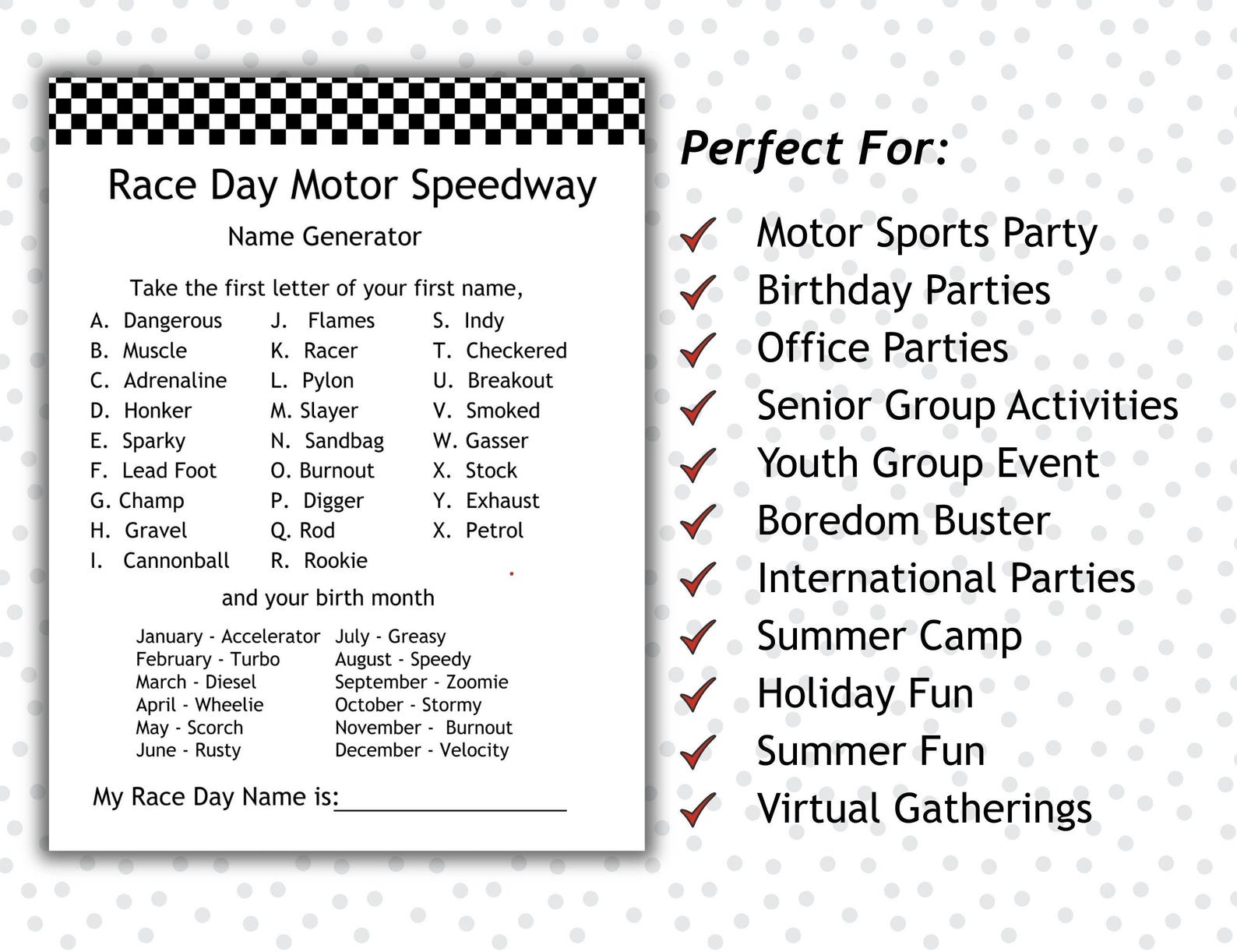Race Day Name Generator, Motor Speedway Party (printable PDF) - Etsy