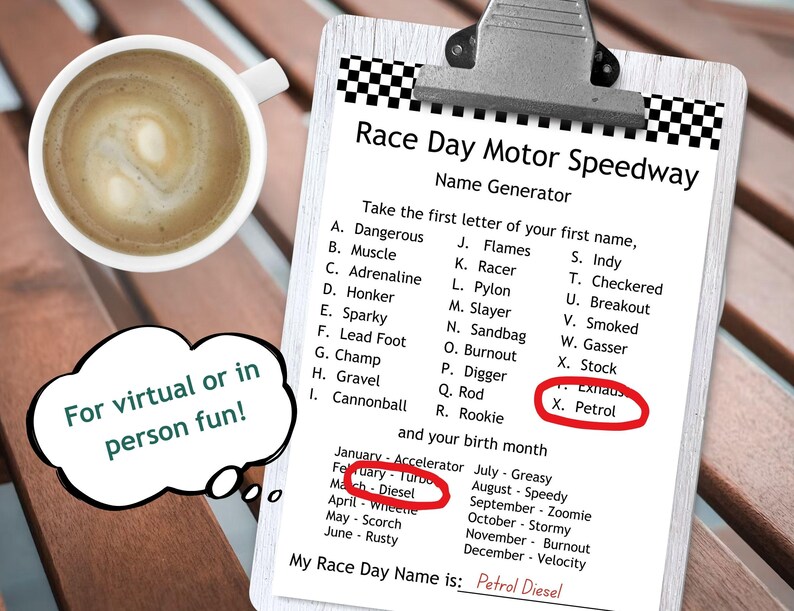 Race Day Name Generator, Motor Speedway Party (printable PDF) - Etsy