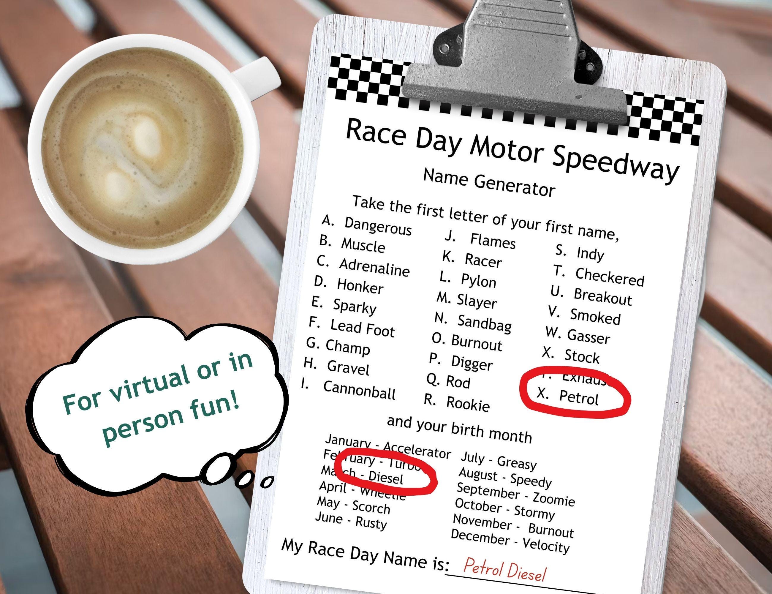 Race Day Name Generator, Motor Speedway Party (printable PDF) - Etsy