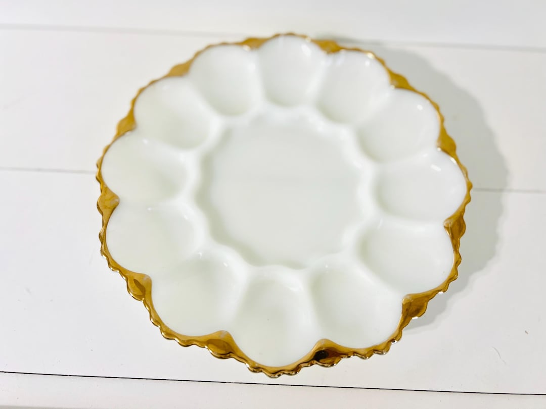 Vintage Fire King Anchor Hocking White Milk Glass Devilled Egg Serving Plate With 22K Gold Trim ...