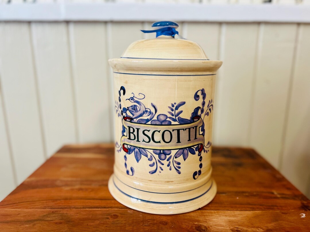 Vintage Biscotti Cookie Jar, Beige and Blue - Etsy