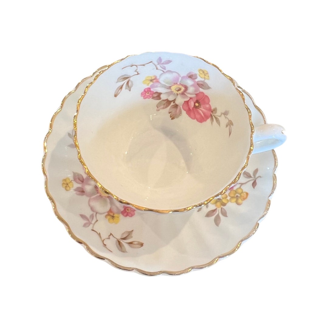 Radfords Bone China Teacup and Saucer, White With Pink and Yellow ...