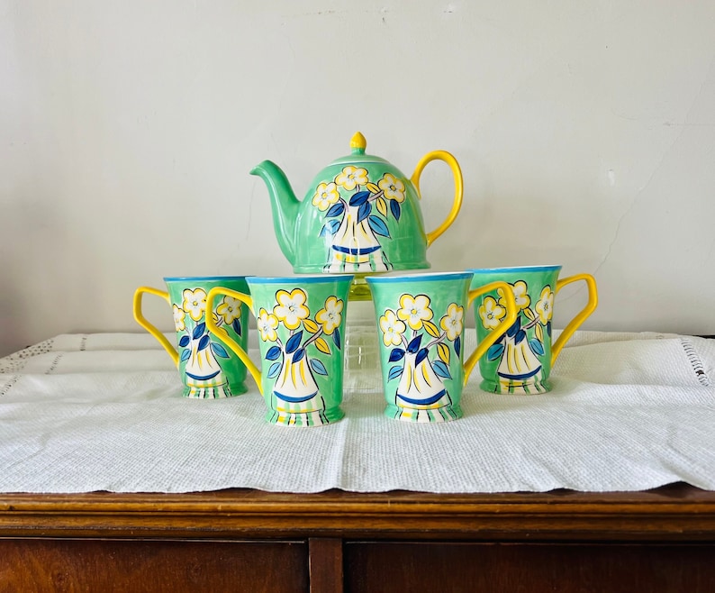 Vintage Ceramic Green and Yellow Hand Painted Floral Teapot Set, Spring ...