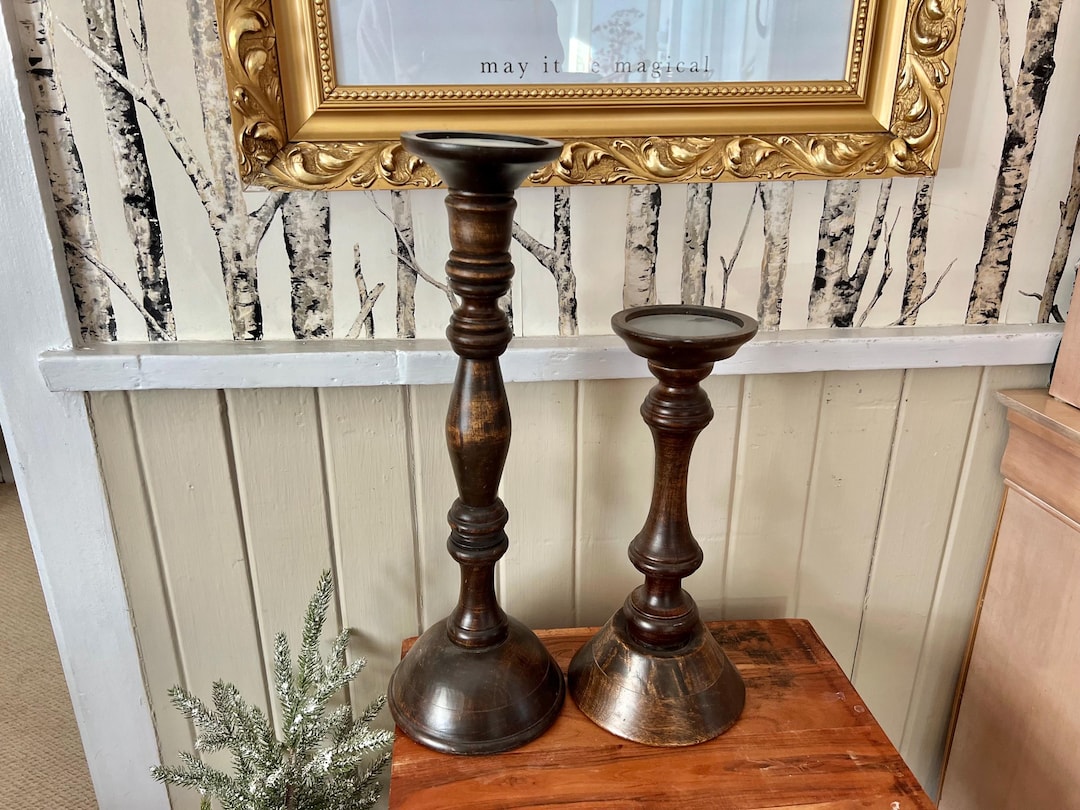 Vintage Tall Turned Dark Brown, Mango Wood Candle Holders, Rustic ...
