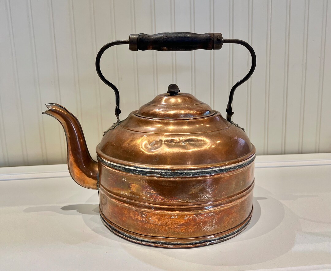 Large Rustic Antique Copper Kettle With Curved Spout, Brass Hardware ...