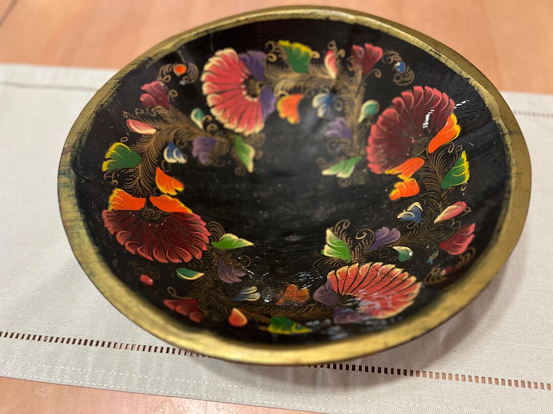 Vintage Black Mexican Carved Wooden Bowl With Hand Painted Tole Flowers ...
