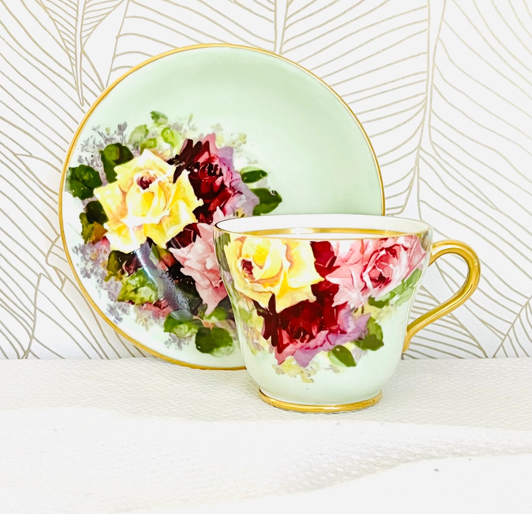 STANLEY Teacup and Saucer Set With Cabbage Roses, Made in England, Tea ...