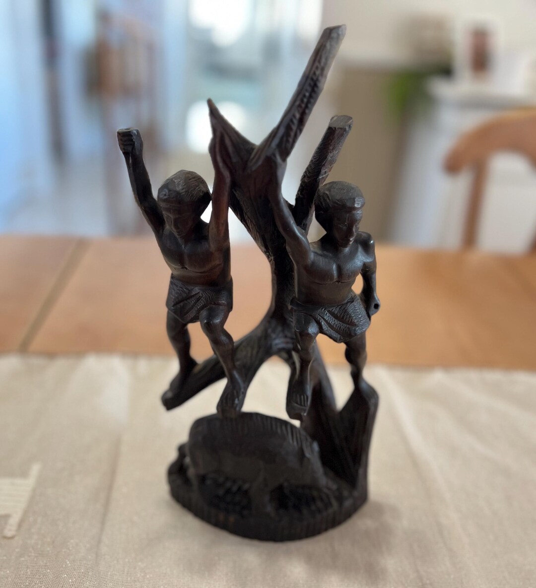 Vintage African Art Statue in Black Hardwood of Two Boys Hunting a Wild ...