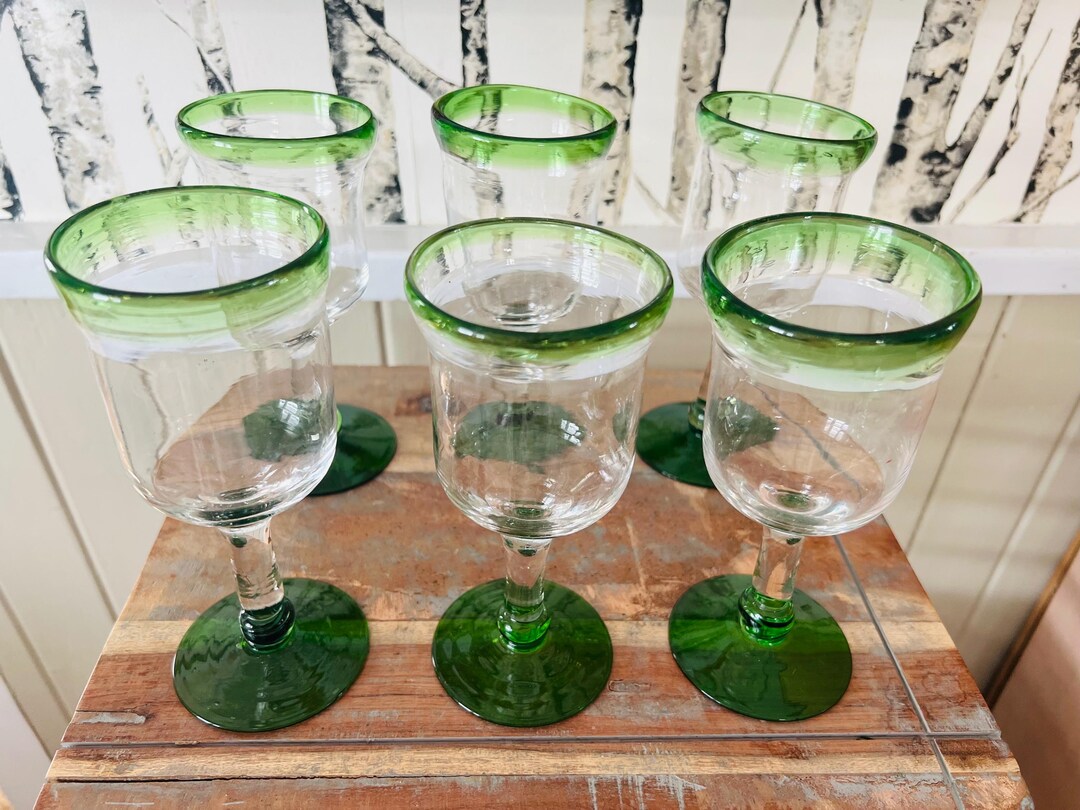 Recycled Mexican Wine Goblets/glasses With Green Rims and Stems, Set of ...
