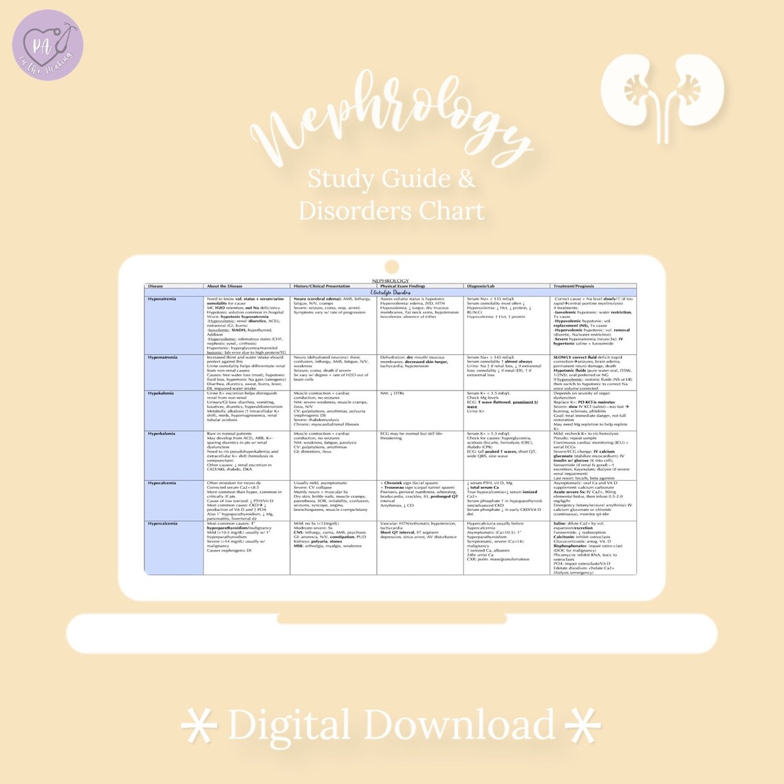 Nephrology Study Guide and Disorders Chart - Etsy