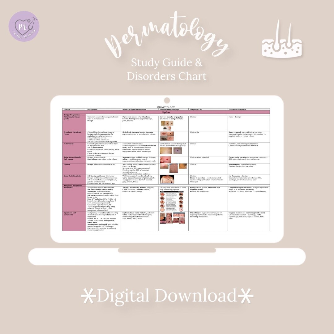 Dermatology Study Guide and Disorders Chart - Etsy