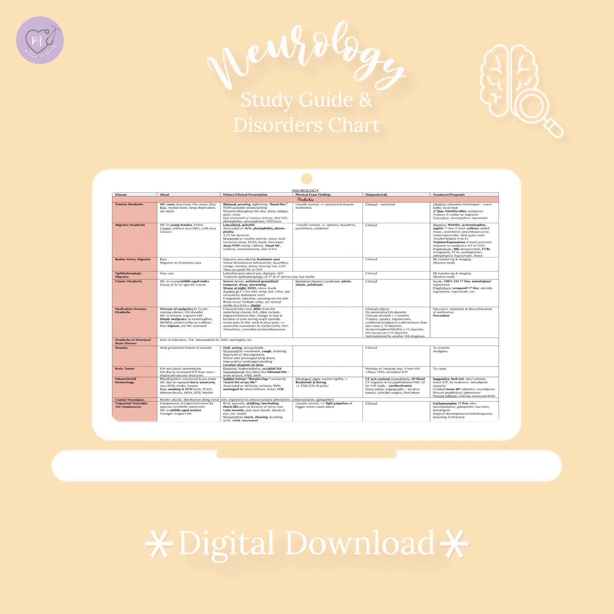 Neurology Study Guide and Disorders Chart - Etsy