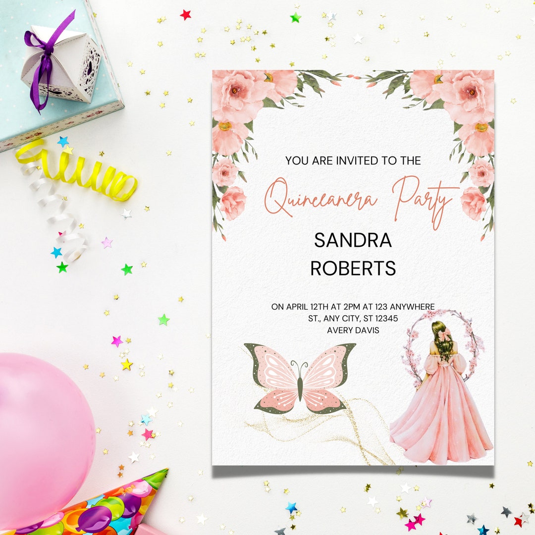 Editable Peachy Floral Quinceanera Party Invitation, Floral Card ...