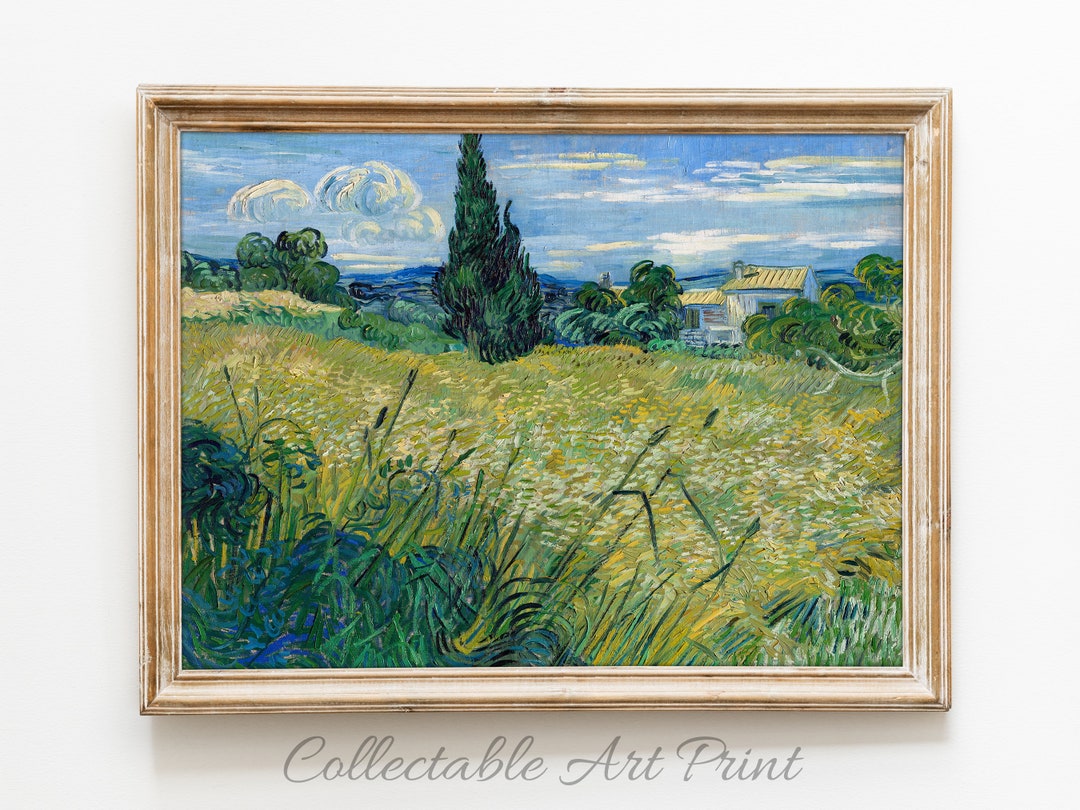 Green Wheat Field With Cypress Art Print, Watercolor Vintage Digital ...
