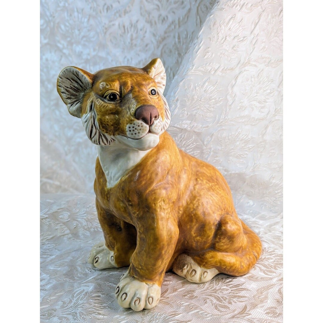 Vintage 1960s Ceramic Lion Cub Statue Collectible LARGE Animal Figurine ...