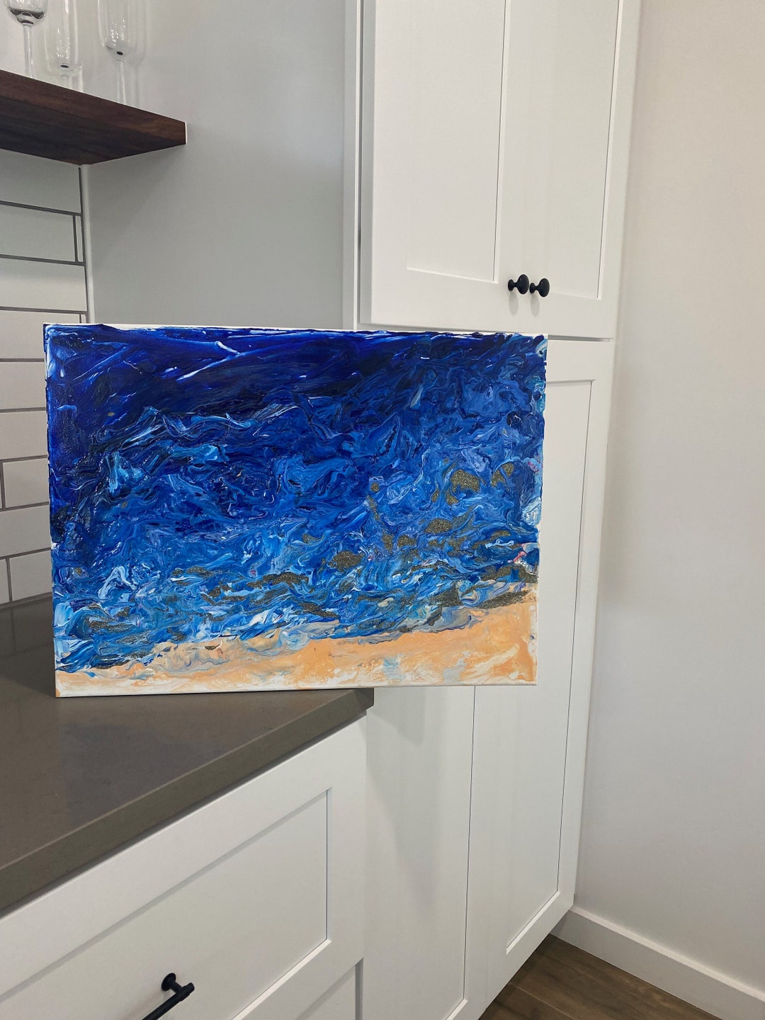 Wave Acrylic Pour Painting, 20x10 Inch Fluid Art Painting on Canvas ...