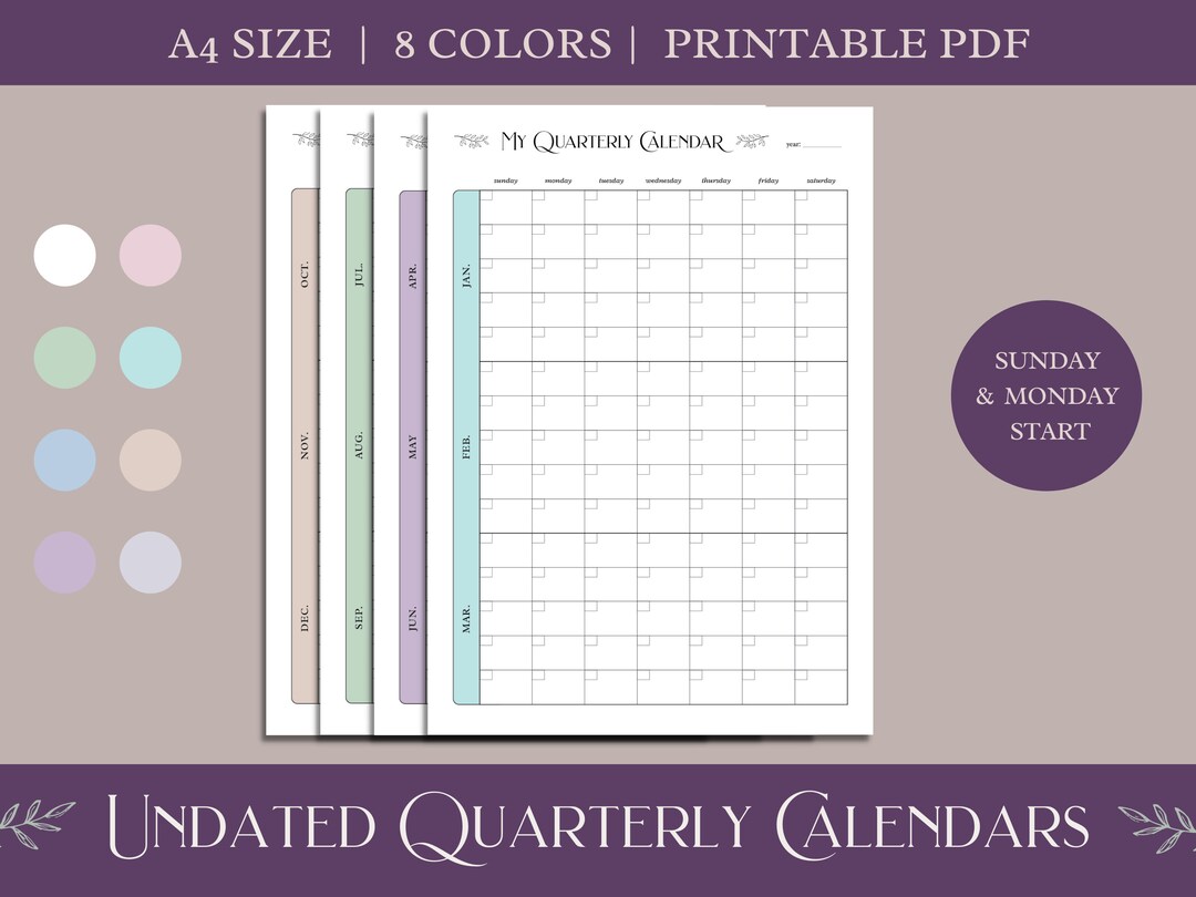 Undated Quarterly Calendars | Simple 3-month Calendar | Printable PDF ...