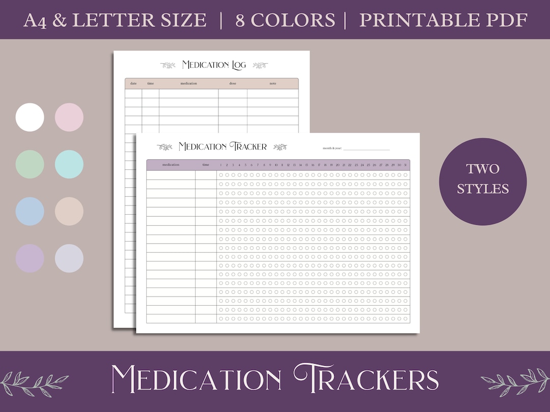 Medication Tracker | Medicine Log | Printable PDF | 2 Styles | 8 Colors ...