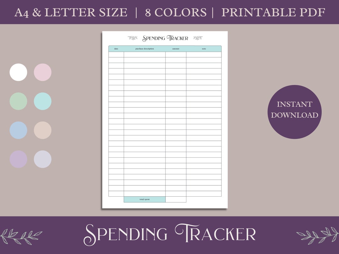 Spending Tracker | Expense Log | Printable PDF | 8 Colors | A4 & Letter ...