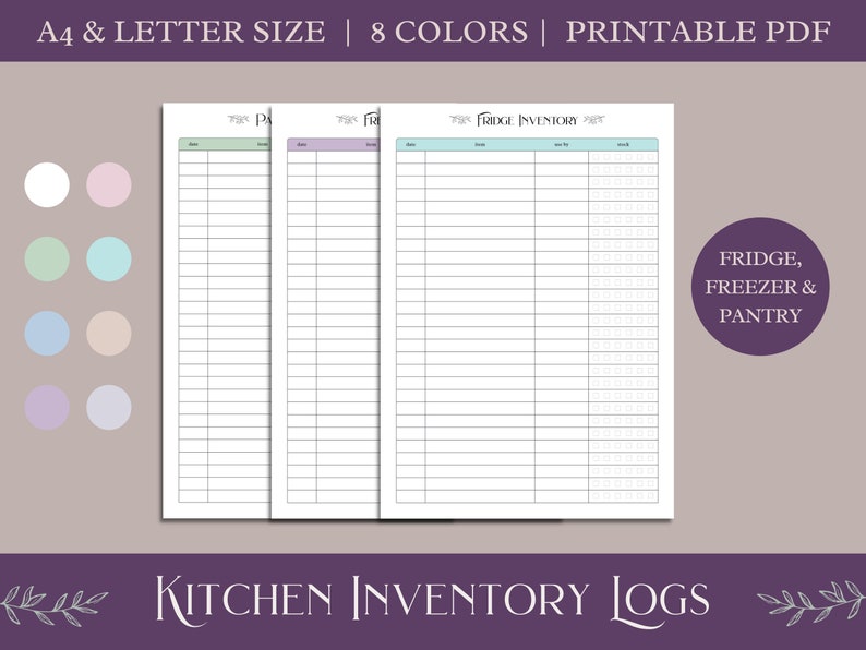 Kitchen Inventory Logs Pantry, Freezer, and Fridge Trackers Printable ...