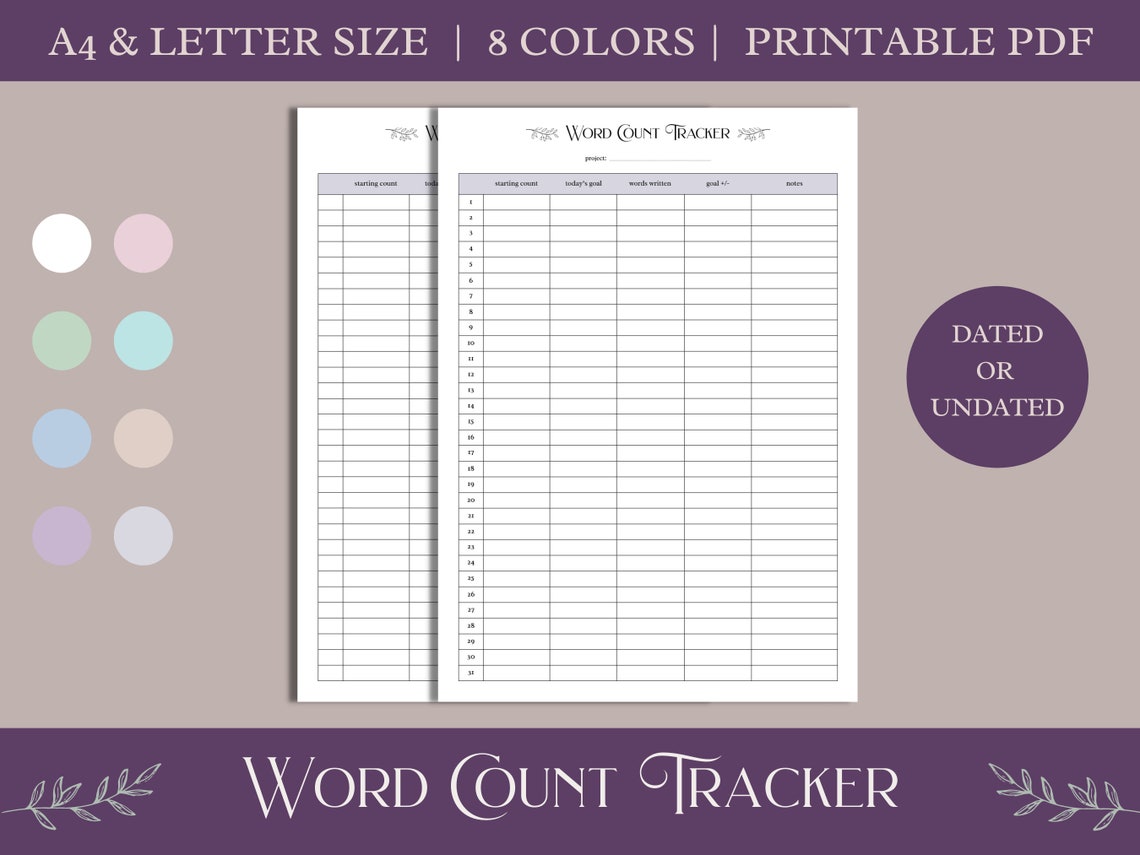 Word Count Tracker | Daily Writing Log | Printable PDF | 8 Colors | A4 ...