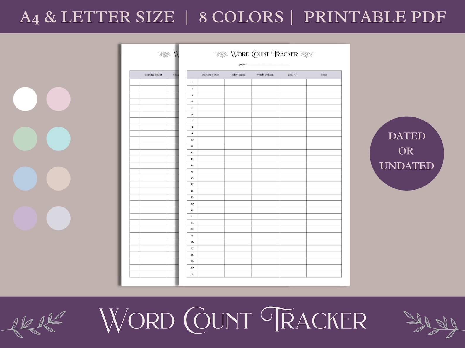 Word Count Tracker | Daily Writing Log | Printable PDF | 8 Colors | A4 ...