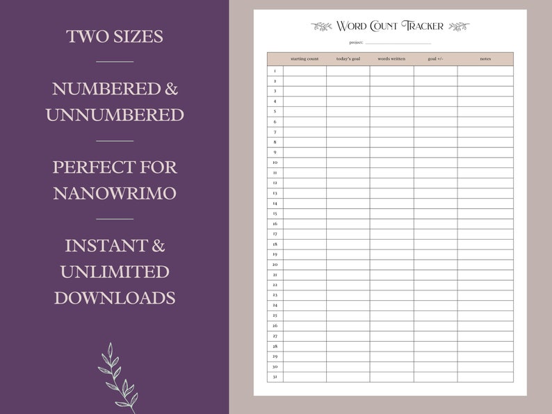 Word Count Tracker | Daily Writing Log | Printable PDF | 8 Colors | A4 ...