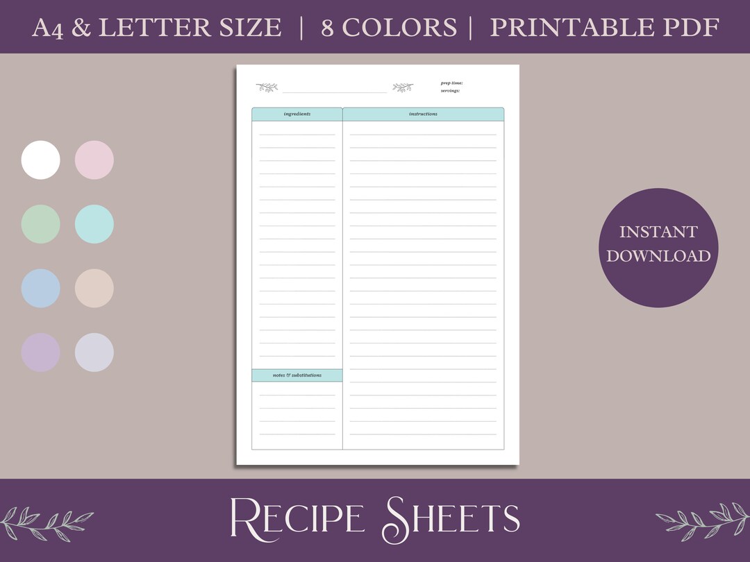 Recipe Sheets | Printable PDF | 8 Colors | A4 & US Letter - Etsy