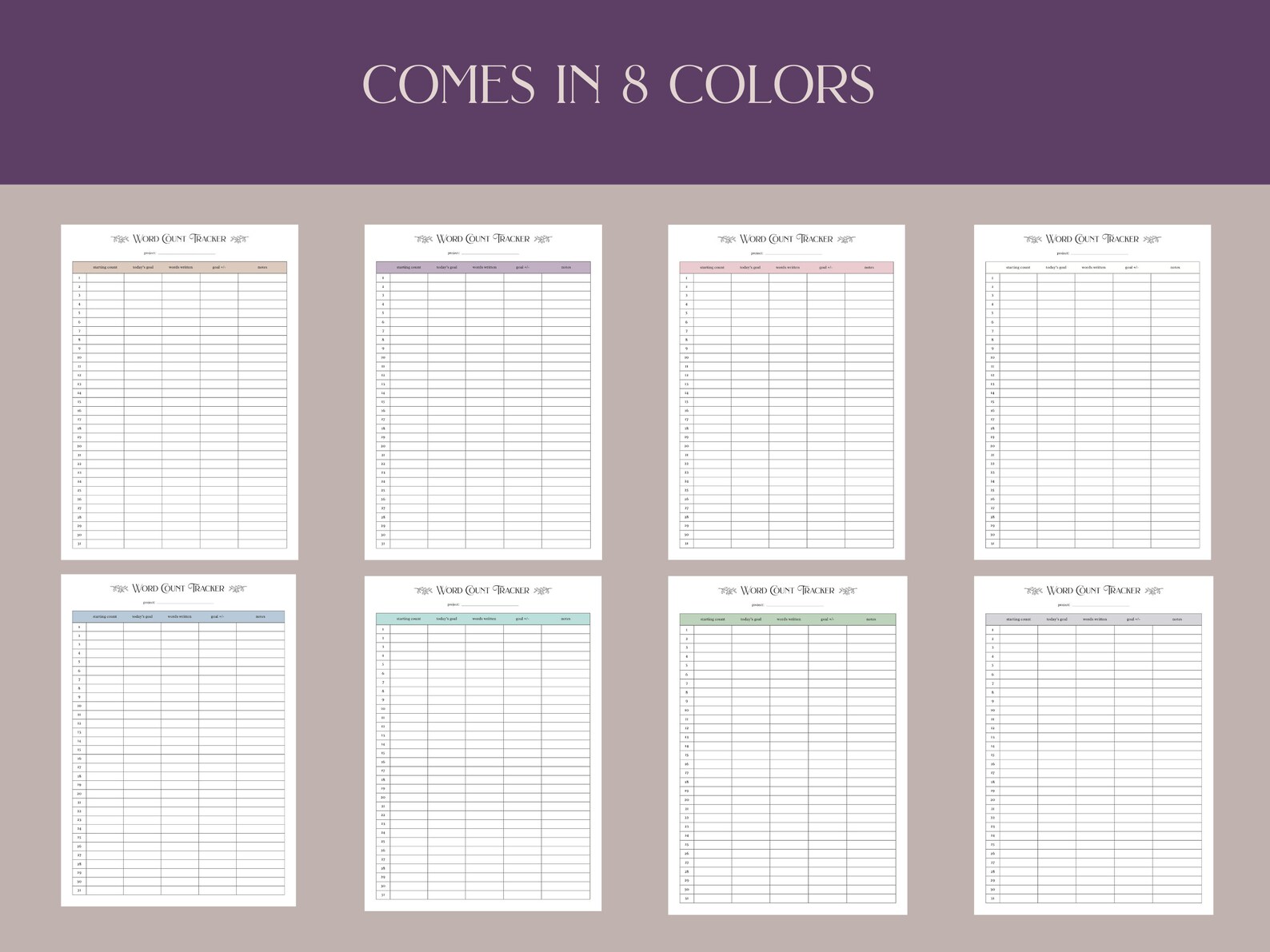 Word Count Tracker | Daily Writing Log | Printable PDF | 8 Colors | A4 ...