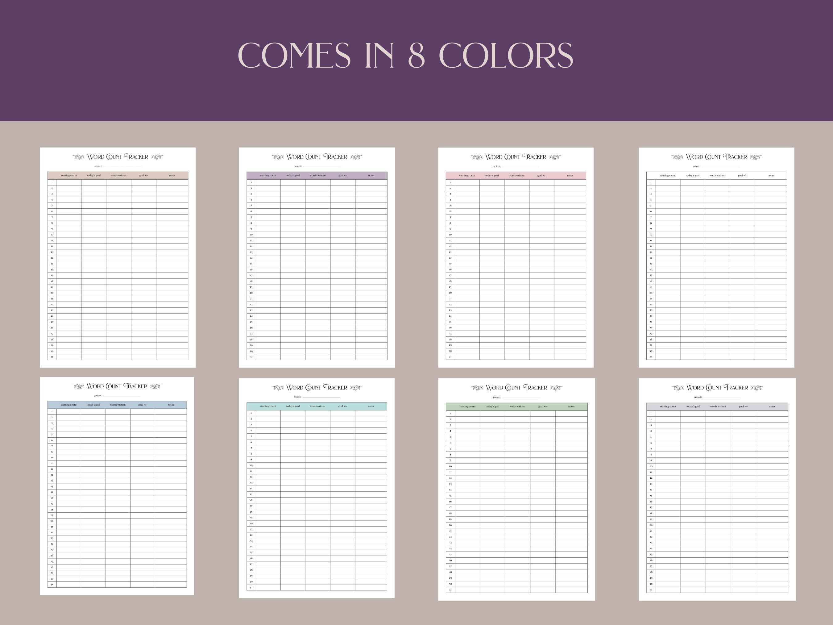 Word Count Tracker | Daily Writing Log | Printable PDF | 8 Colors | A4 ...