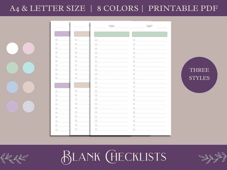 Blank Checklists | Printable PDF | 3 Styles | 8 Colors | A4 & Letter ...