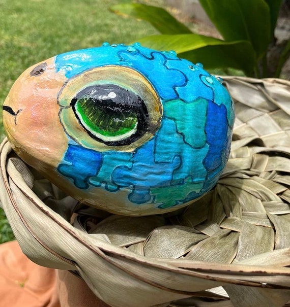 Hawaiian Hand Painted Coconut Turtle autism Awareness - Etsy