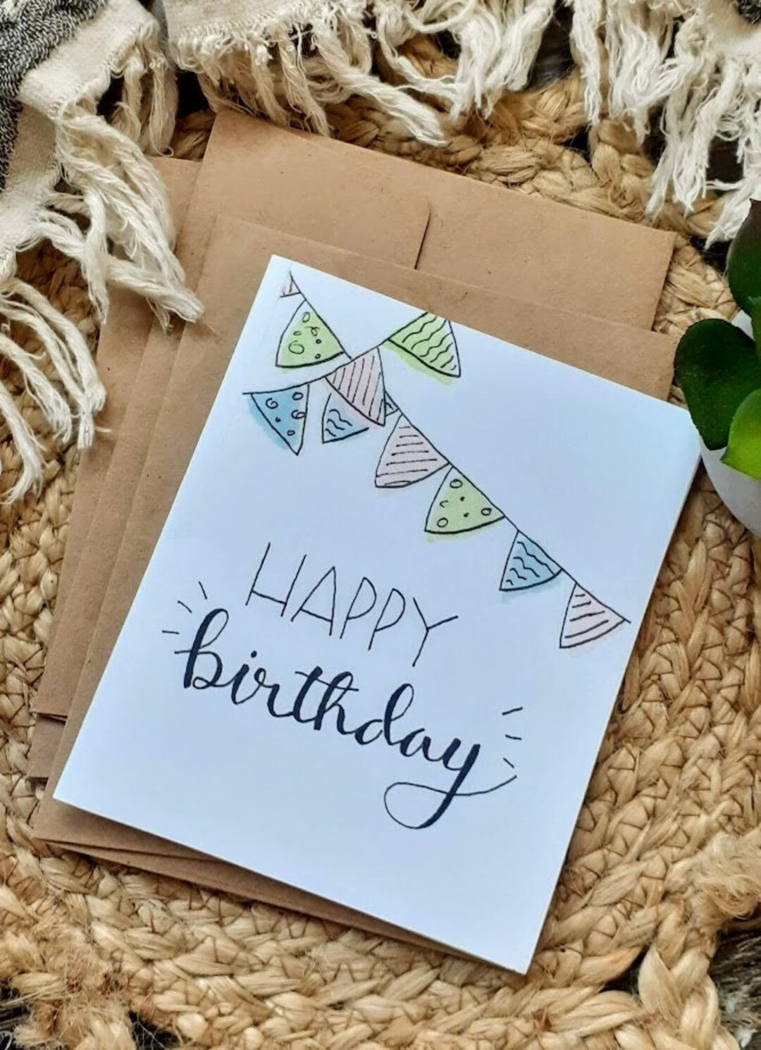 Happy Birthday Card Watercolor Birthday Banner Notecard - Etsy