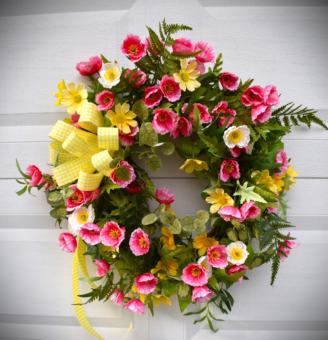 Pink, Yellow Anemone Wreath, Handmade Silk Floral Wreath, Door and Wall ...