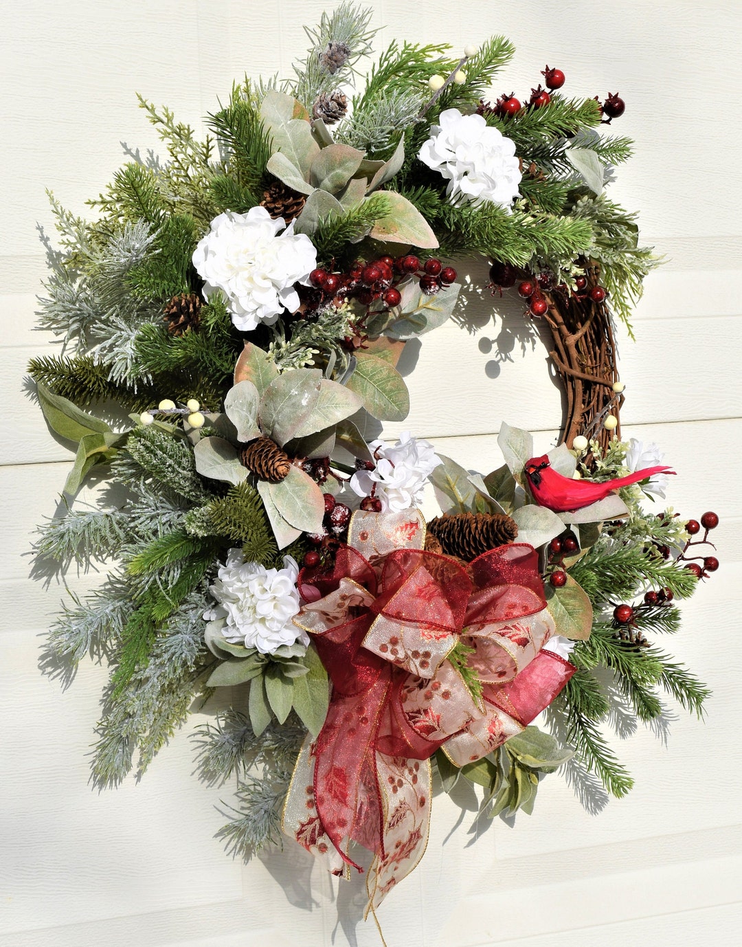 Red Cardinal Wreath With Spruce, Lamb's Ear, White Mums Door Art, Large ...