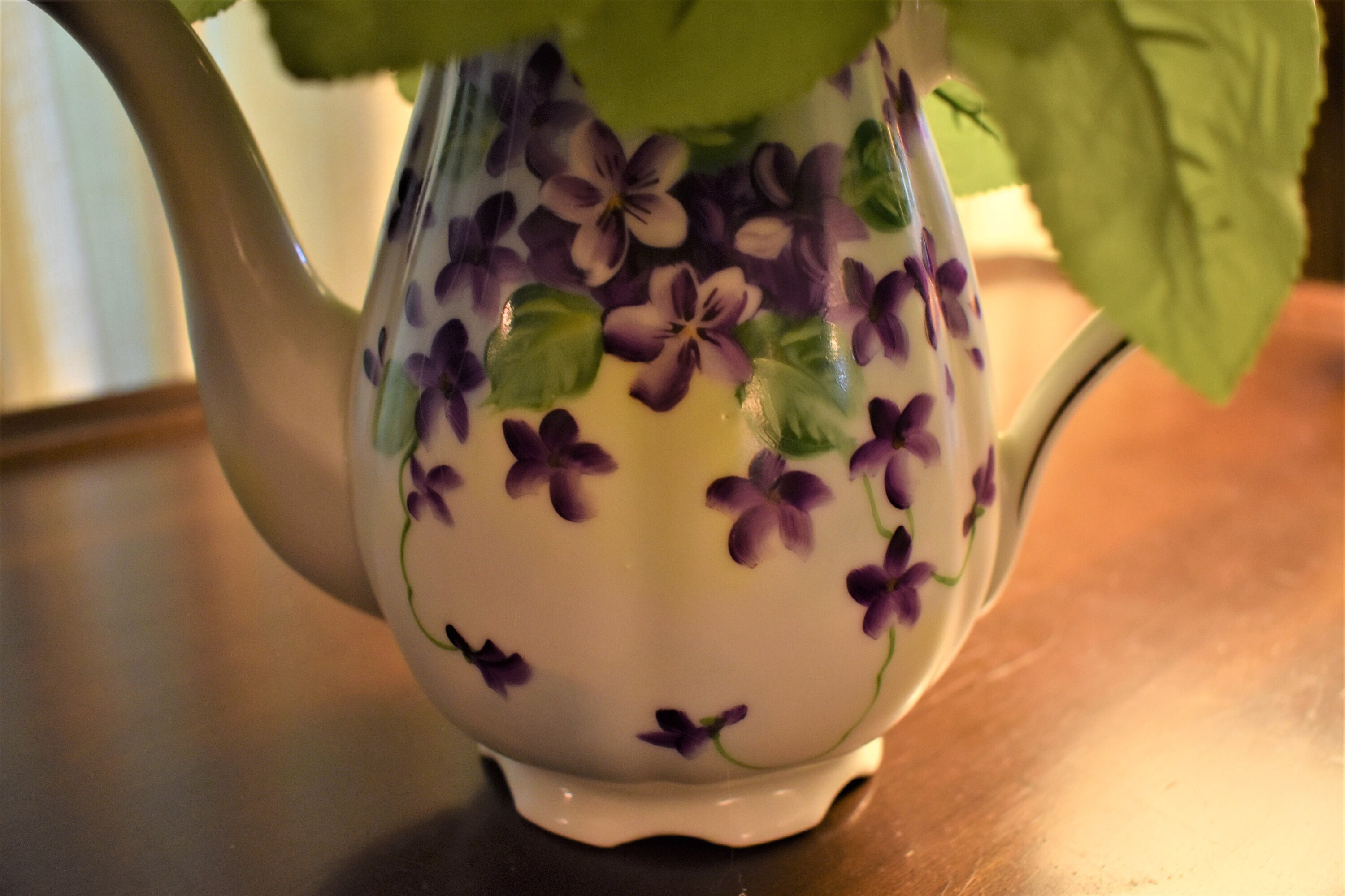 Vintage Porcelain Footed Teapot With Violets, Thistles, Grasses and Red ...
