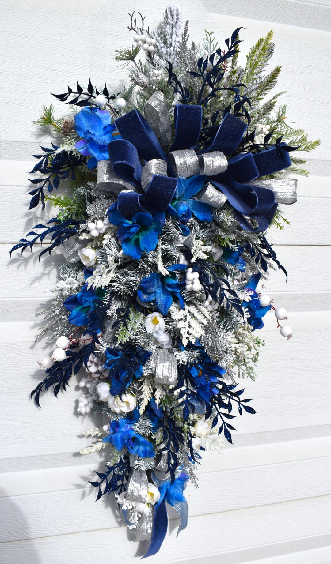 Royal Blue Cymbidium Orchid Swag; Silvery Teardrop Wreath With Bow for ...