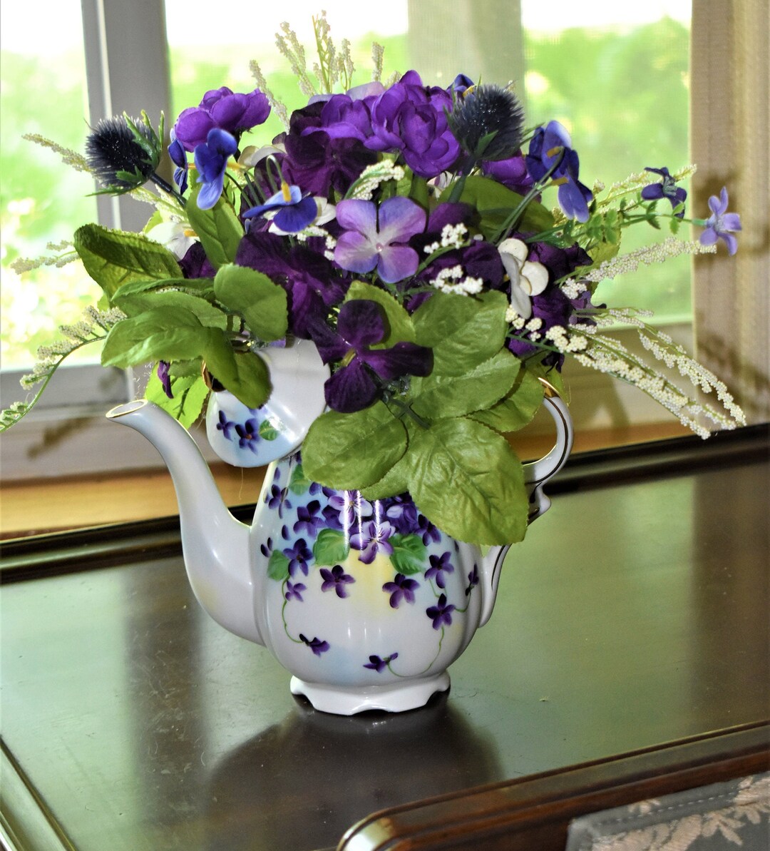 Vintage Porcelain Footed Teapot With Violets, Thistles, Grasses and Red ...