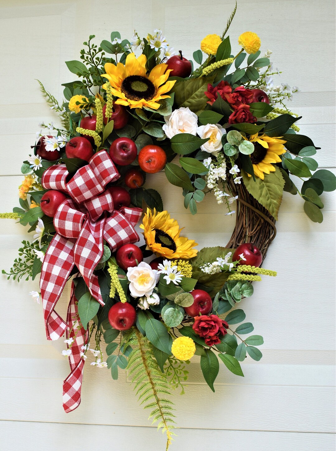 Red Apple Wreath, Sunflowers With Red Rosettes, Ferns; Wreath With ...