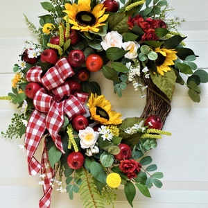 Red Apple Wreath, Sunflowers With Red Rosettes, Ferns Wreath With ...