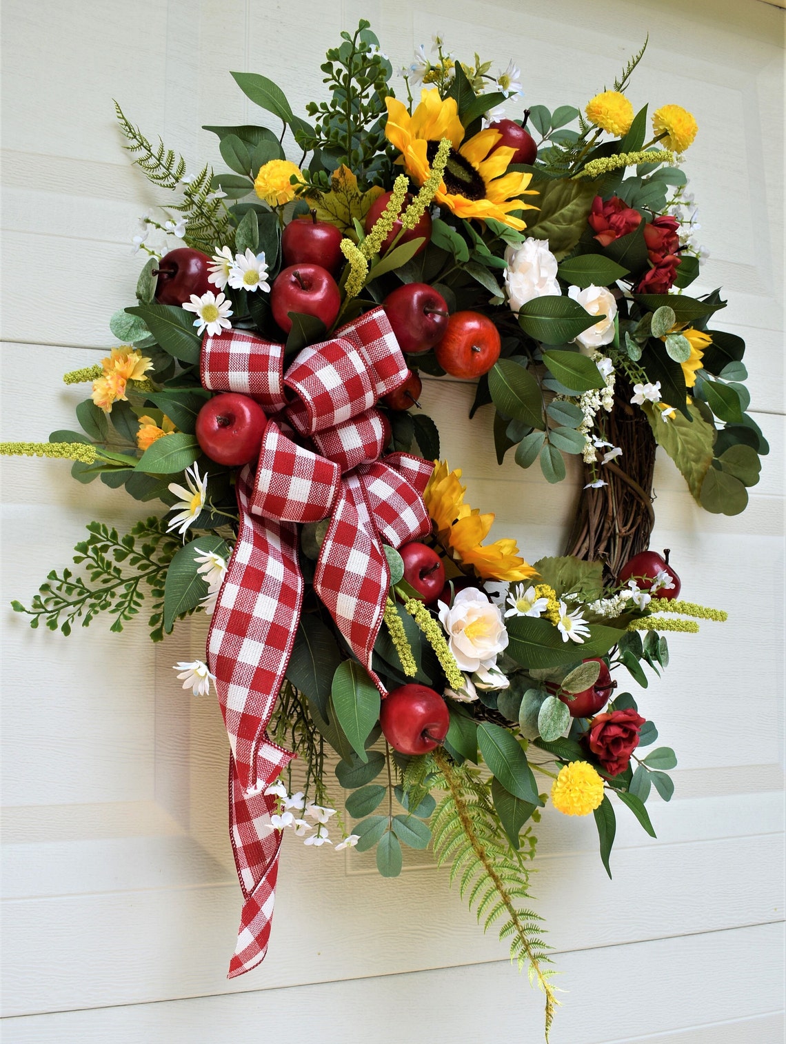 Red Apple Wreath, Sunflowers With Red Rosettes, Ferns Wreath With ...