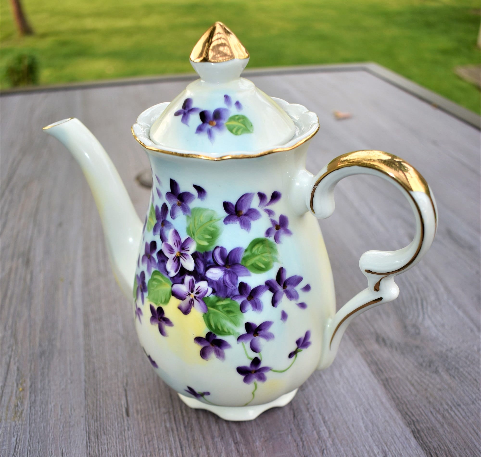 Vintage Porcelain Footed Teapot With Violets, Thistles, Grasses and Red ...
